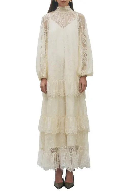 MAUDE CLUB Olympia Mock Neck Lace Maxi Dress