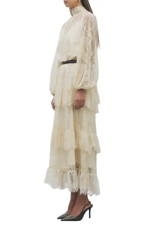 MAUDE CLUB Olympia Mock Neck Lace Maxi Dress