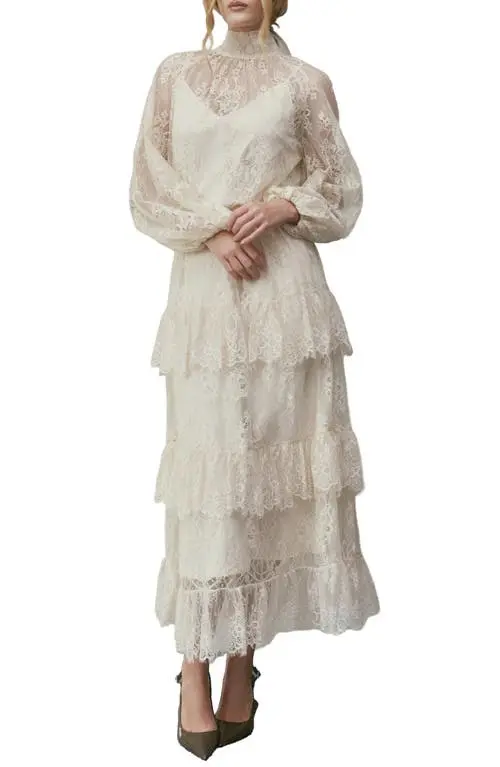 MAUDE CLUB Olympia Mock Neck Lace Maxi Dress