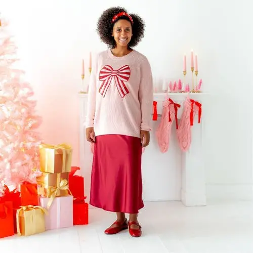 SWEET WINK Candy Cane Sequin Bow Patch Christmas Sweater