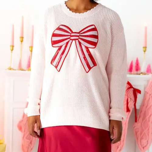 SWEET WINK Candy Cane Sequin Bow Patch Christmas Sweater