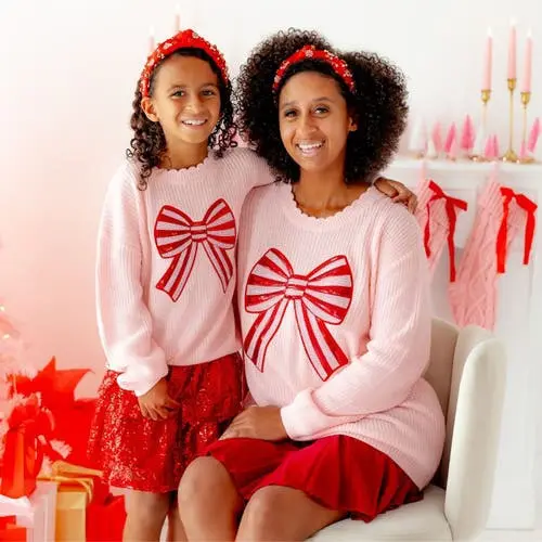 SWEET WINK Candy Cane Sequin Bow Patch Christmas Sweater