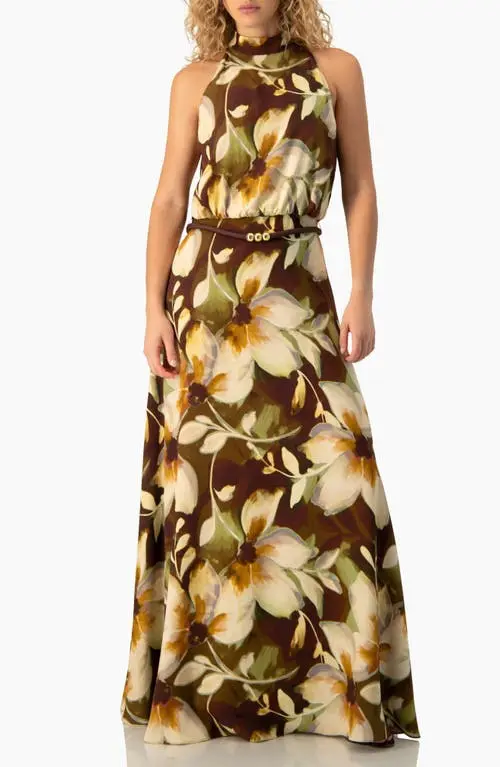 IVONNE Painterly Floral Halter Blouson-bodice Belted Maxi Dress