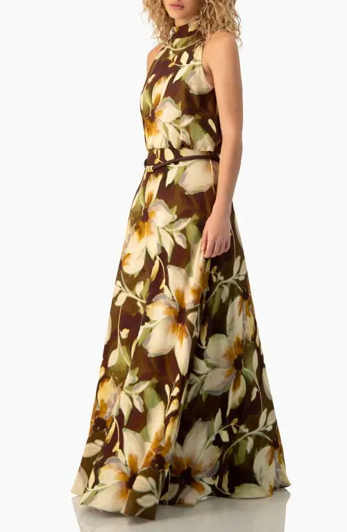 IVONNE Painterly Floral Halter Blouson-bodice Belted Maxi Dress