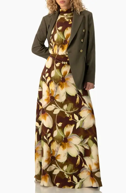 IVONNE Painterly Floral Halter Blouson-bodice Belted Maxi Dress