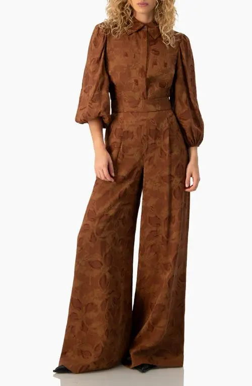 IVONNE Floral Jacquard 3/4 Puff-sleeve Button-down Collared Shirt