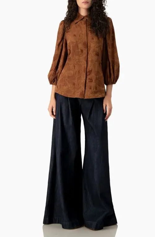 IVONNE Floral Jacquard 3/4 Puff-sleeve Button-down Collared Shirt
