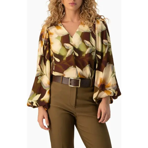 IVONNE Botanical Floral Print Relaxed V-neck Puff-sleeve Blouse