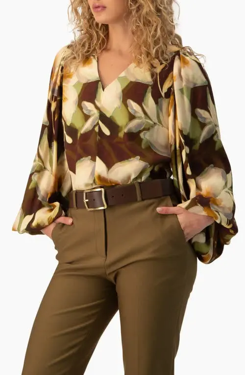 IVONNE Botanical Floral Print Relaxed V-neck Puff-sleeve Blouse