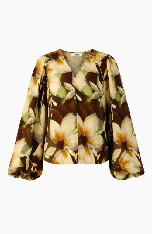 IVONNE Botanical Floral Print Relaxed V-neck Puff-sleeve Blouse