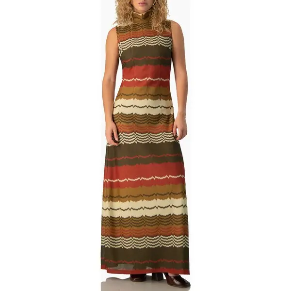 IVONNE Colorblock Zigzag Knit Mock-neck Sleeveless Maxi Dress - Bone