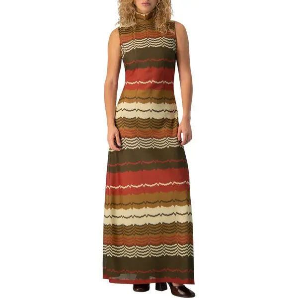 IVONNE Colorblock Zigzag Knit Mock-neck Sleeveless Maxi Dress - Bone