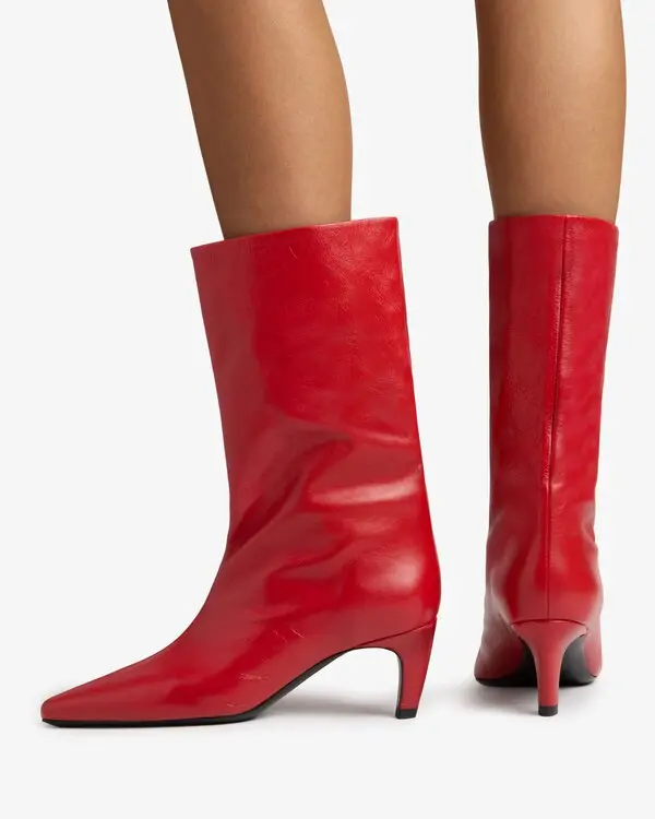 JUDE Cave Mid Calf Boot In Creased Leather - Red