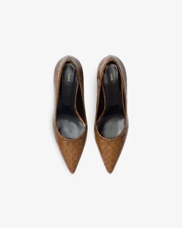 JUDE Blade Pump In Croc Embossed Leather - Brown