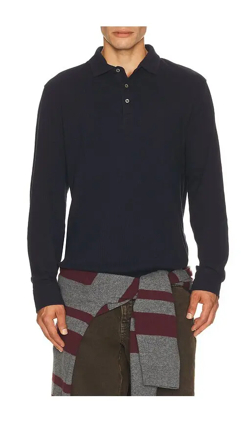 Polo Ralph Lauren Long Sleeve Textured Waflle Henly Polo In Blue