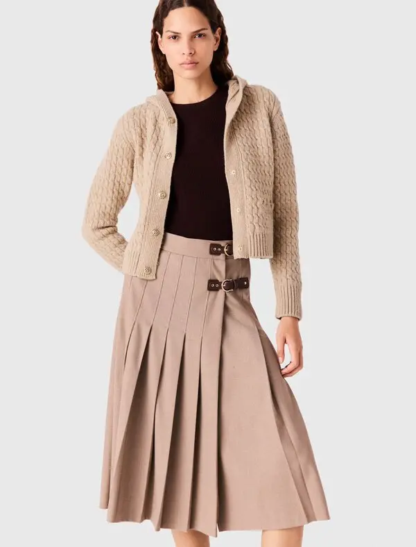 Maje Pleated Midi Skirt With Buckles