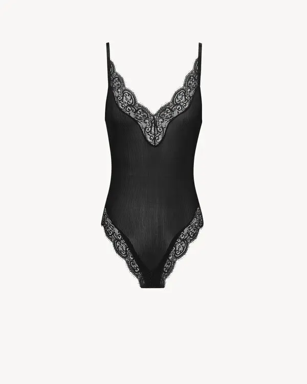 Saint Laurent Laced Bodysuit In Ribbed Silk Jersey