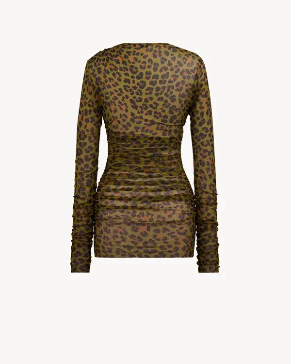 Saint Laurent Ruched Mini Dress In Leopard Tulle Jersey - Leopard Print