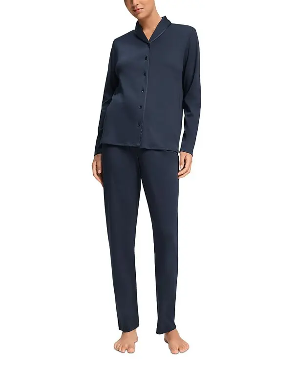Hanro Silk Trim Long Sleeve Shirt & Pants Pajama Set