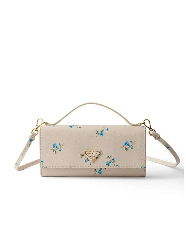 Prada Printed Saffiano Leather Wallet With Shoulder Strap - Neutral