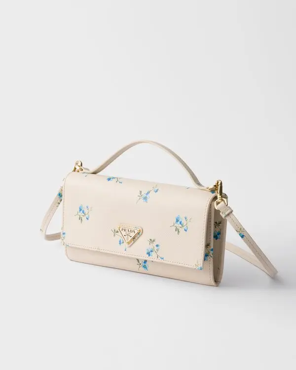 Prada Printed Saffiano Leather Wallet With Shoulder Strap - Neutral