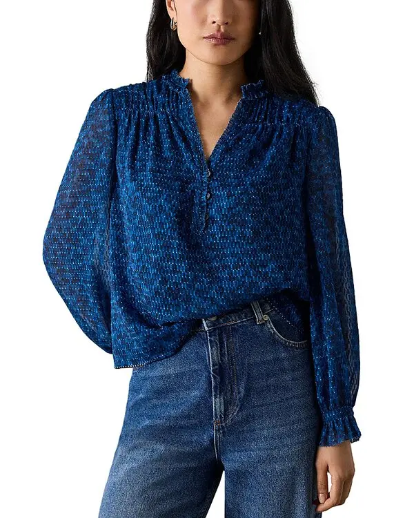 Whistles Textured V Neck Blouse - Blue