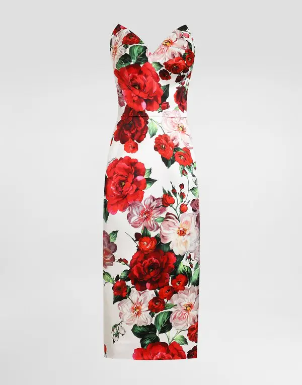 Dolce & Gabbana Strapless Satin Calf-length Dress With Rose - Print
