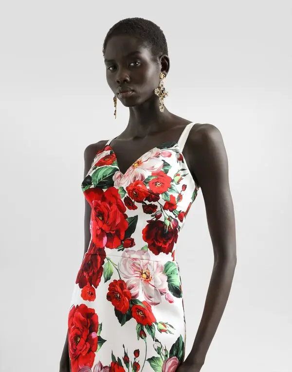 Dolce & Gabbana Strapless Satin Calf-length Dress With Rose