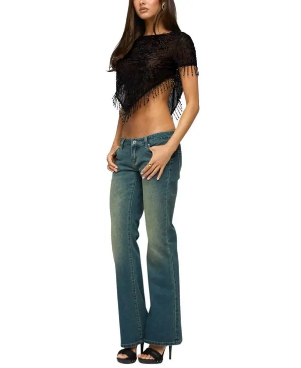 EDIKTED Yanna Beaded Fringe Poncho Top