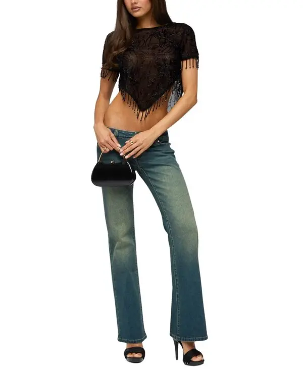 EDIKTED Yanna Beaded Fringe Poncho Top