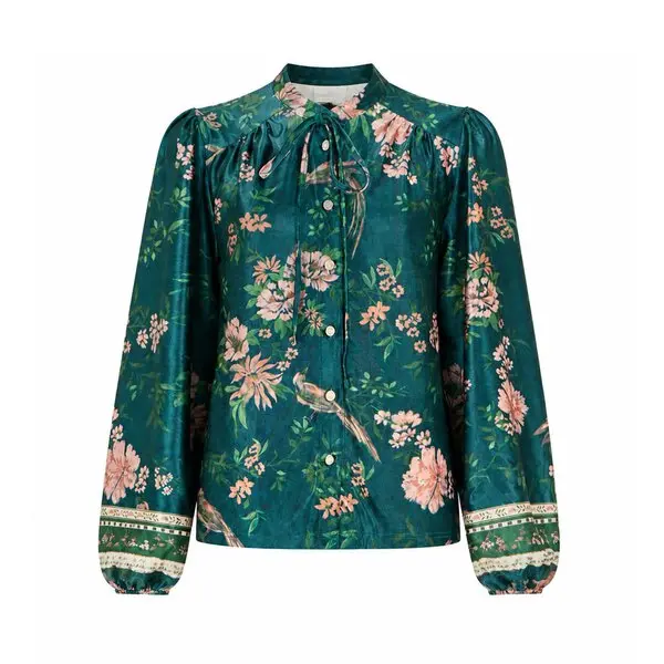 YUMI Floral Velvet Blouse With Tie Neckline