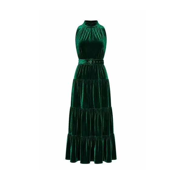 YUMI Velvet Halter Maxi Dress With Belt - Green