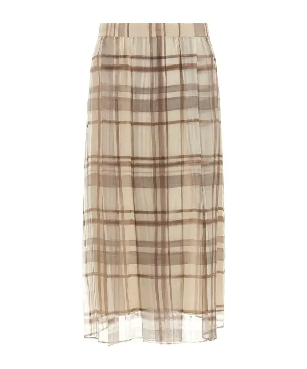 Brunello Cucinelli Silk Organza Pleated Skirt In Macrocheck Print - Nude