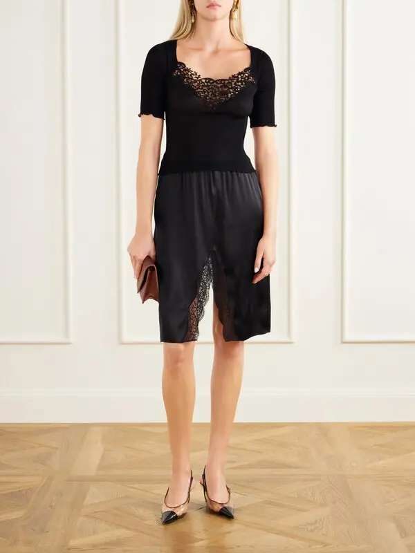 Saint Laurent Split Slip Skirt In Double-face Silk Satin And Lace