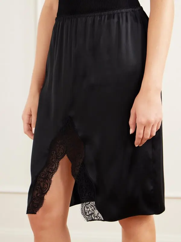 Saint Laurent Split Slip Skirt In Double-face Silk Satin And Lace