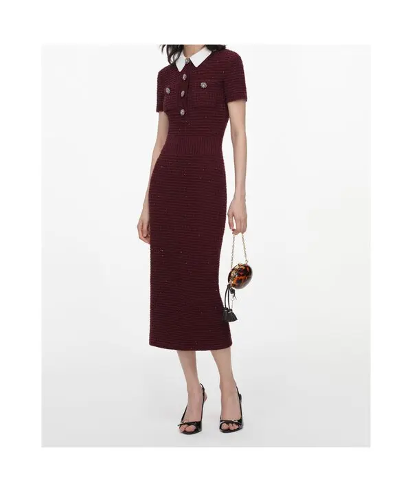 SELF-PORTRAIT Burgundy Textured Knit Midi Dress