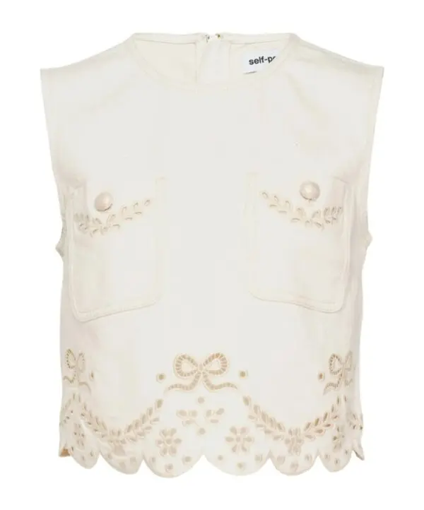 SELF-PORTRAIT Broderie-anglaise Scalloped-hem Top - Cream