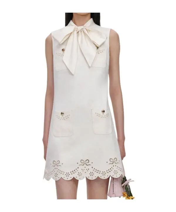 SELF-PORTRAIT Bow-detail Broderie-anglaise Mini Dress - Cream
