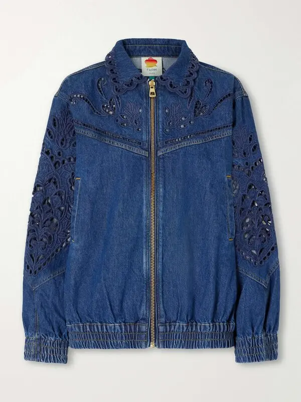 Farm Rio Richilieu Heart Broderie Anglaise Denim Jacket - Dark Denim