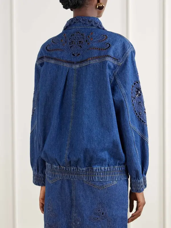 Farm Rio Richilieu Heart Broderie Anglaise Denim Jacket - Dark Denim