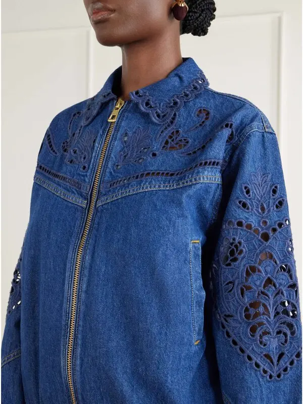 Farm Rio Richilieu Heart Broderie Anglaise Denim Jacket - Dark Denim