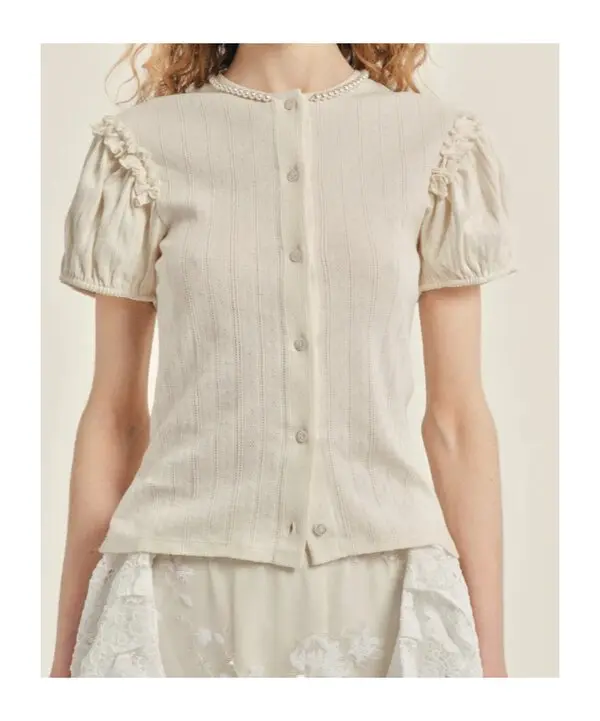 Simone Rocha Pointelle Puff Sleeve Cardigan - Off-white/pearl
