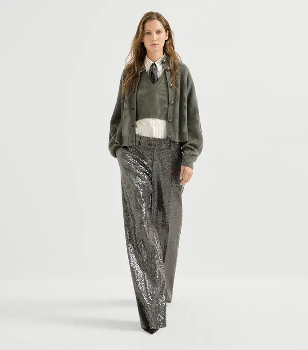 Brunello Cucinelli Virgin Wool Sequin Wide-leg Trousers
