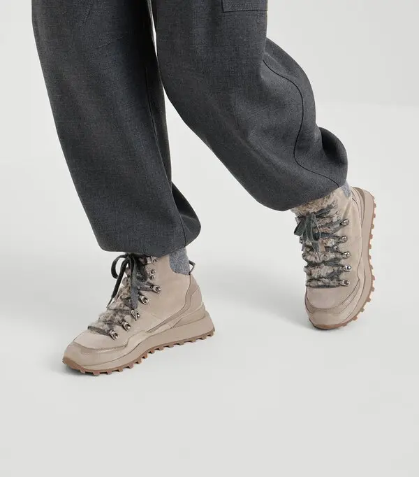 Brunello Cucinelli Suede Shearling-trim Hiking Boots