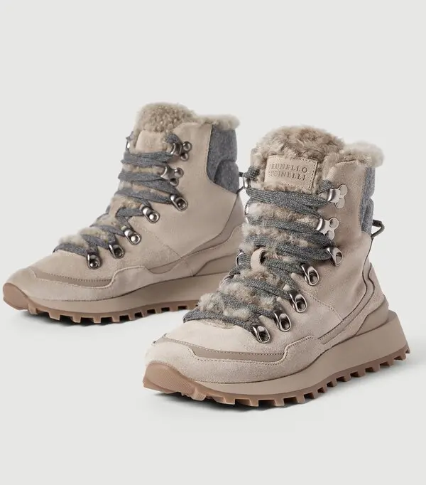 Brunello Cucinelli Suede Shearling-trim Hiking Boots