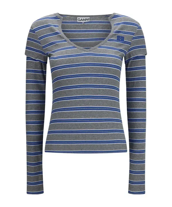 GANNI Ribbed Stripe V-neck Knitted Top - Gray