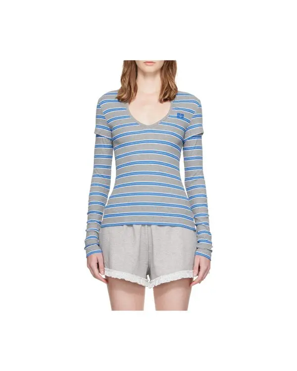 GANNI Ribbed Stripe V-neck Knitted Top