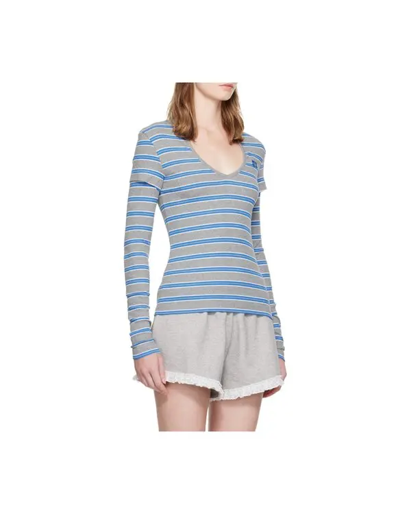 GANNI Ribbed Stripe V-neck Knitted Top