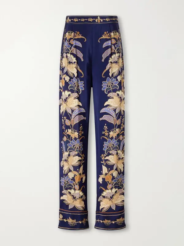 Farm Rio Lara Floral-print Crepe De Chine Wide-leg Pants - Blue