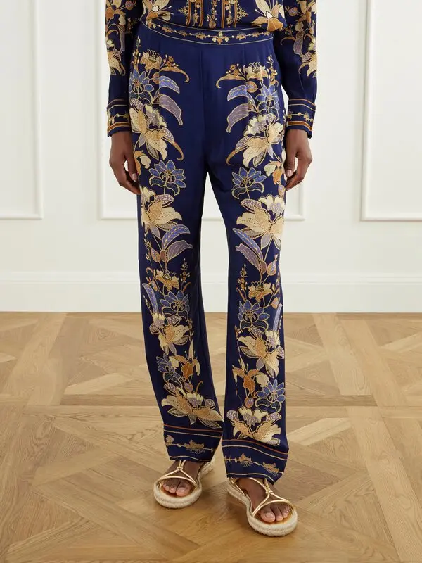 Farm Rio Lara Floral-print Crepe De Chine Wide-leg Pants - Blue